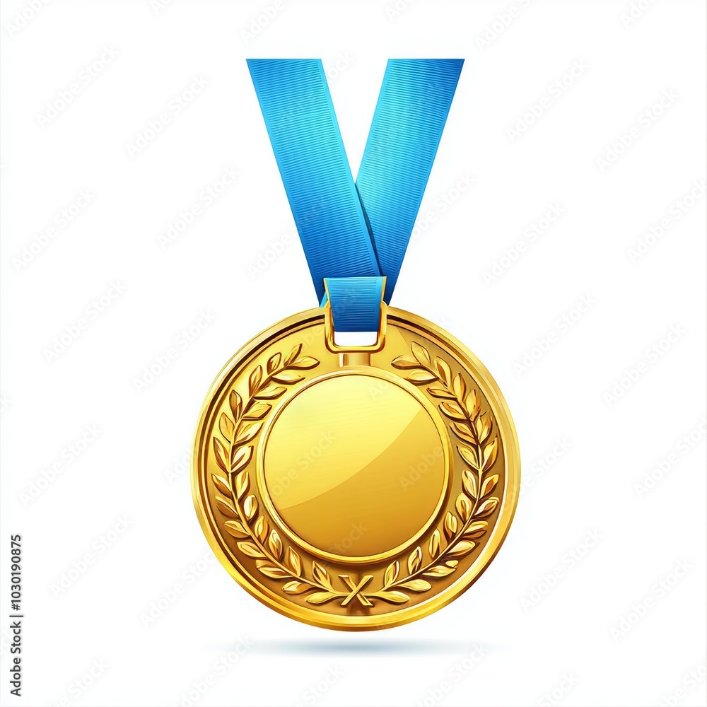 Illustration of a gold medal with a blue ribbon and laurel wreath. A ...