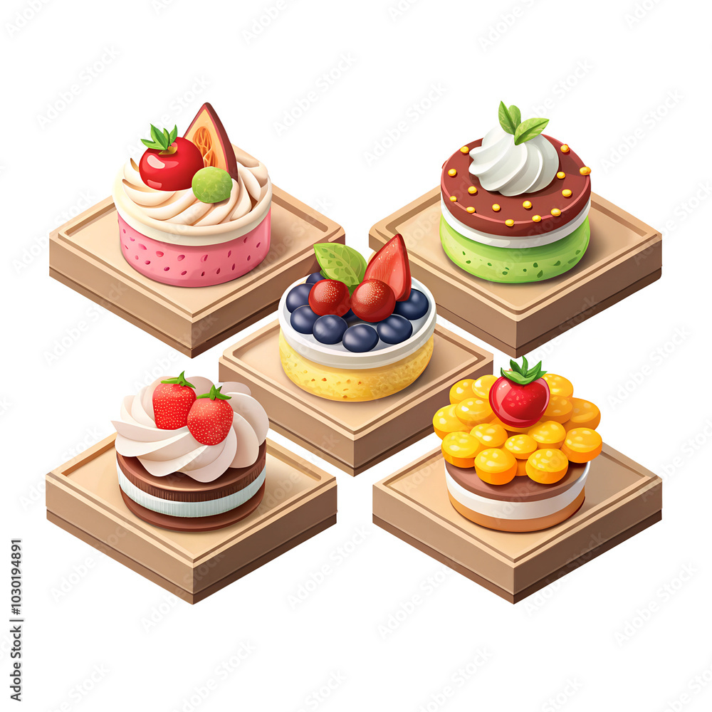 3D style illustration, flat style of a set of 5 isometric Toppings for ...