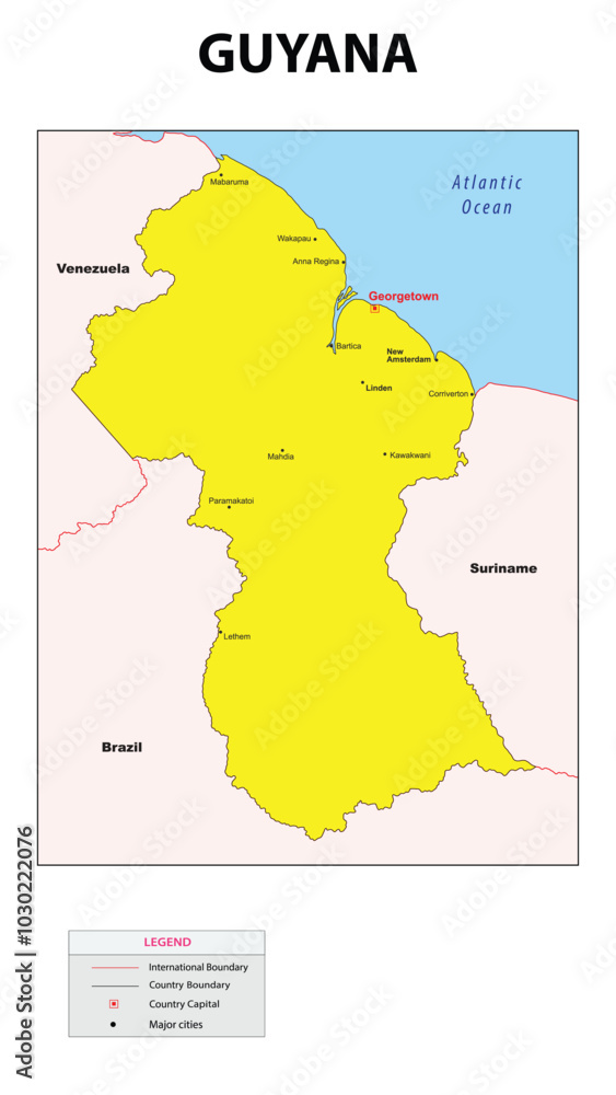 Guyana Map. Major cities in Guyana. Political map of Guyana with border ...