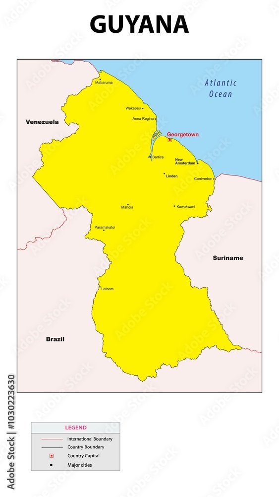 Guyana Map. Major cities in Guyana. Political map of Guyana with border ...