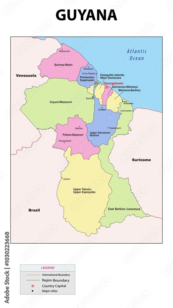 Guyana Map. State and union territories of Guyana with neighbouring ...