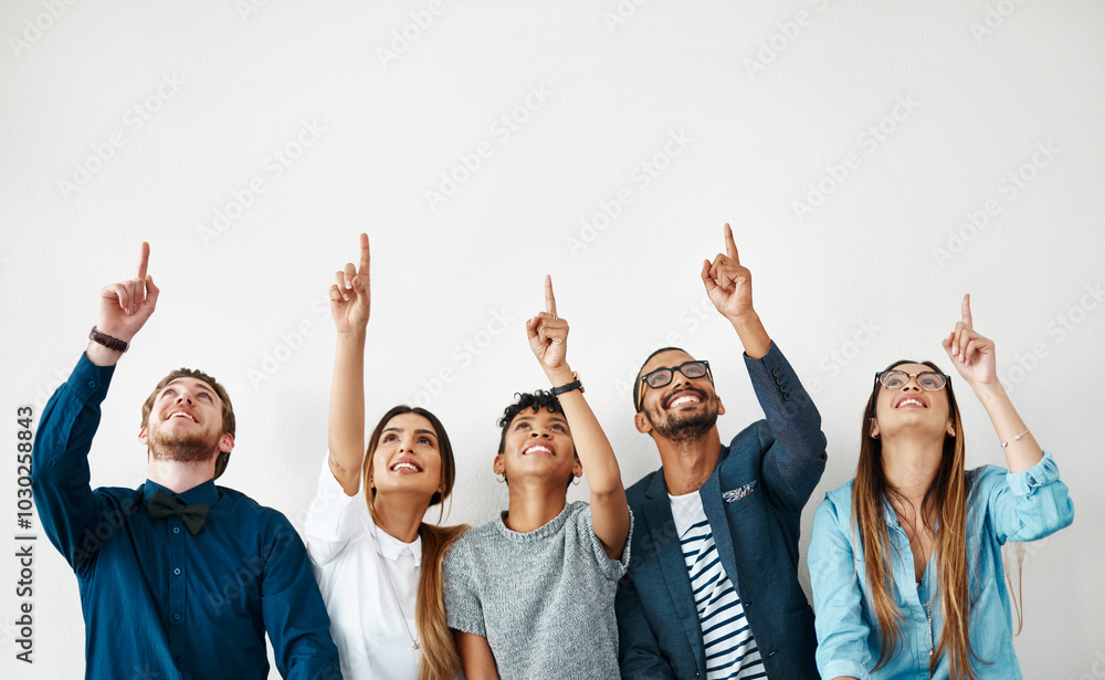 Business people, smile and group pointing up for mockup, wall and white ...