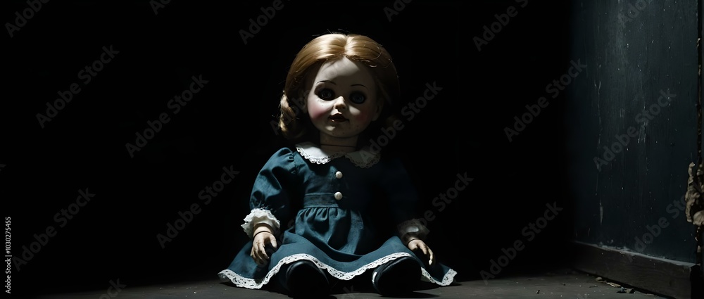 devil possessed doll sitting in a corner in the darkness, halloween ...