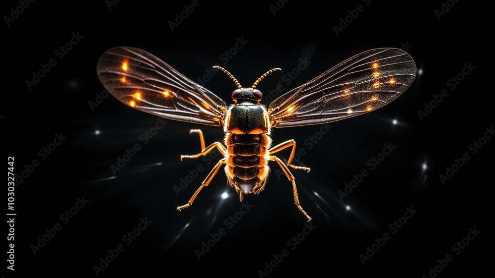 A high-contrast image of a firefly in flight, with its bright, distinct ...