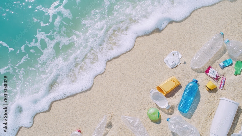 Plastic waste littering the ocean shore for environmental protection ...