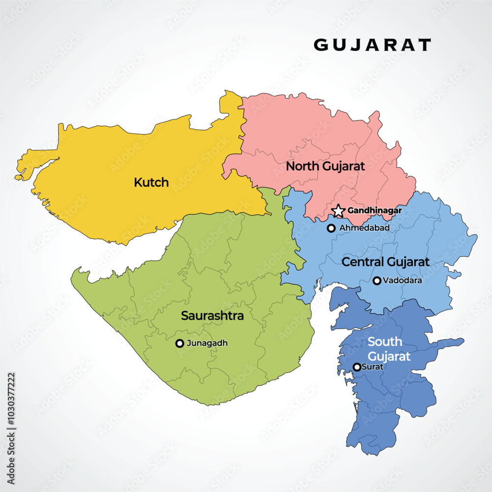 Gujarat map with region wise Stock Vector | Adobe Stock