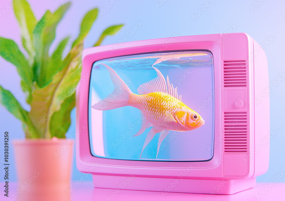 A vibrant goldfish swims inside a retro pink TV set, creating a quirky ...