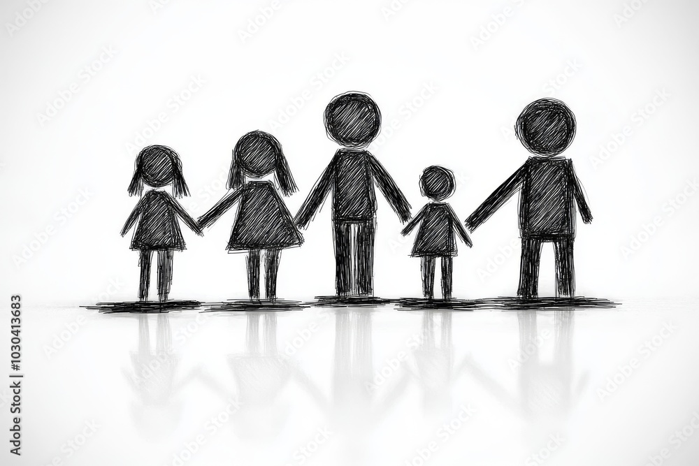 Family of five standing hand in hand illustrated in a textured black ...