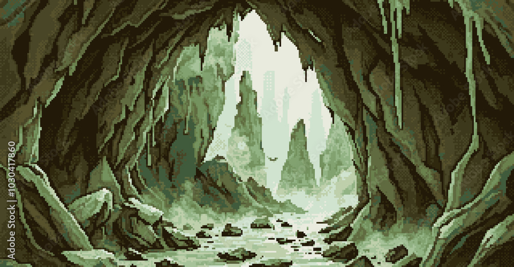 lifeless and scary fantasy cave opening, pixel art style game concept ...