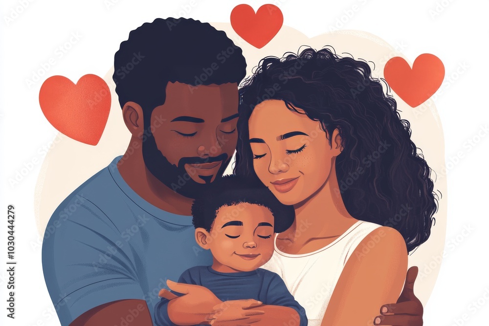 Heartwarming family portrait of parents cuddling their baby with hearts ...