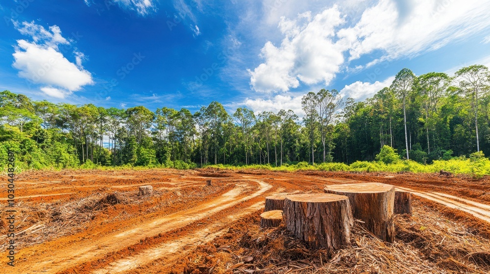A once-thriving rainforest now cut down, with exposed tree stumps and environmental degradation ...