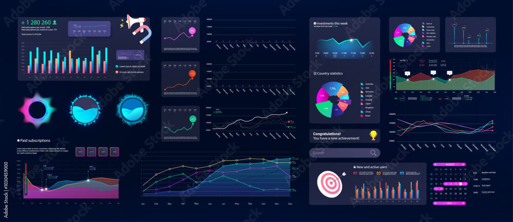 เวกเตอร์ Stock Dark UI, charts, infographic, diagrams in dashboard template collection. UI, UX ...