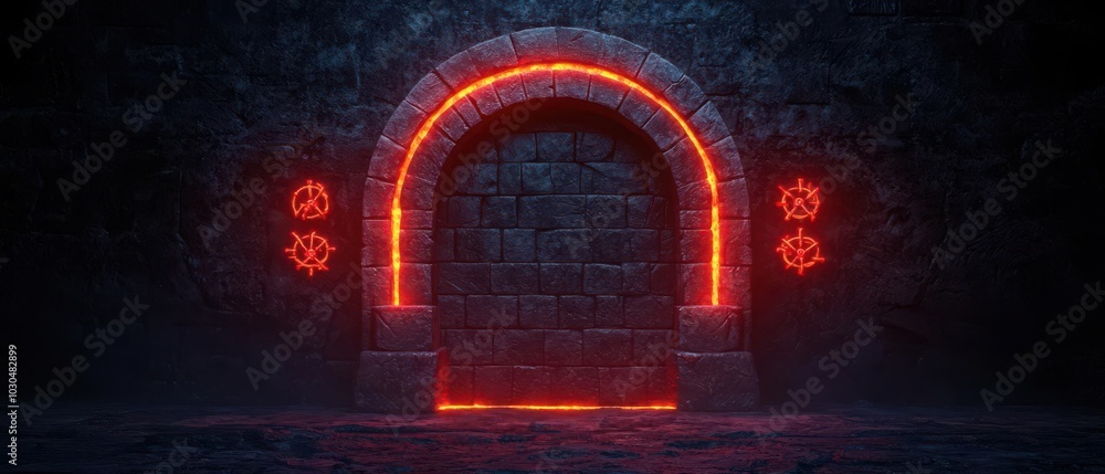 Massive stone gate at the entrance of a deep dungeon, glowing red runes ...