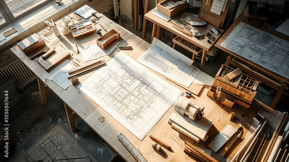 Architect workspace design creativity blueprints drafting planning on ...