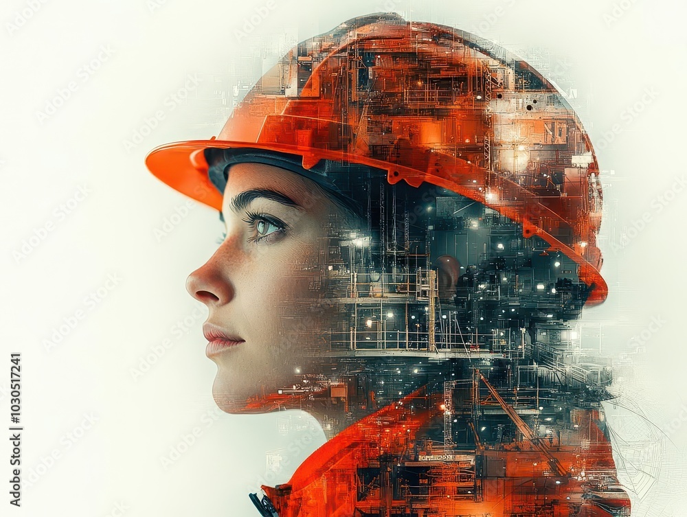 illustration of construction engineering with double exposure, merging ...