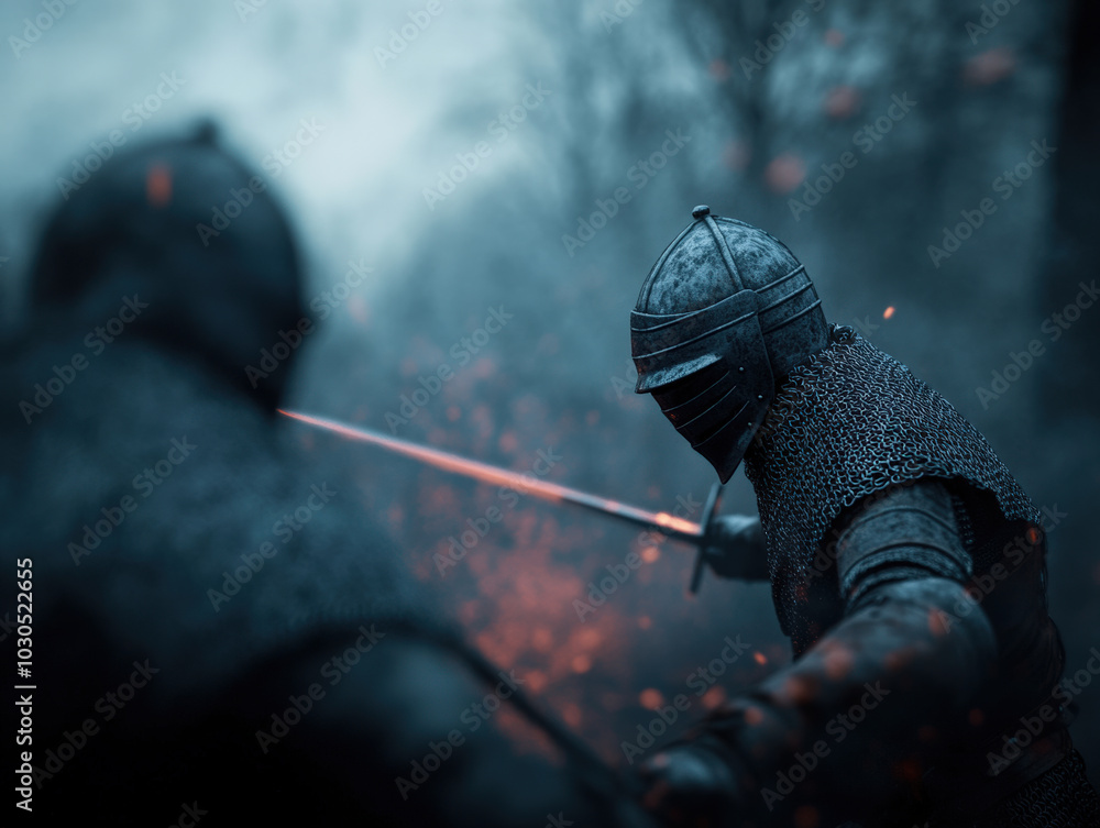 Fierce medieval knights engage in dramatic sword fight amidst smoky backdrop, showcasing their ...