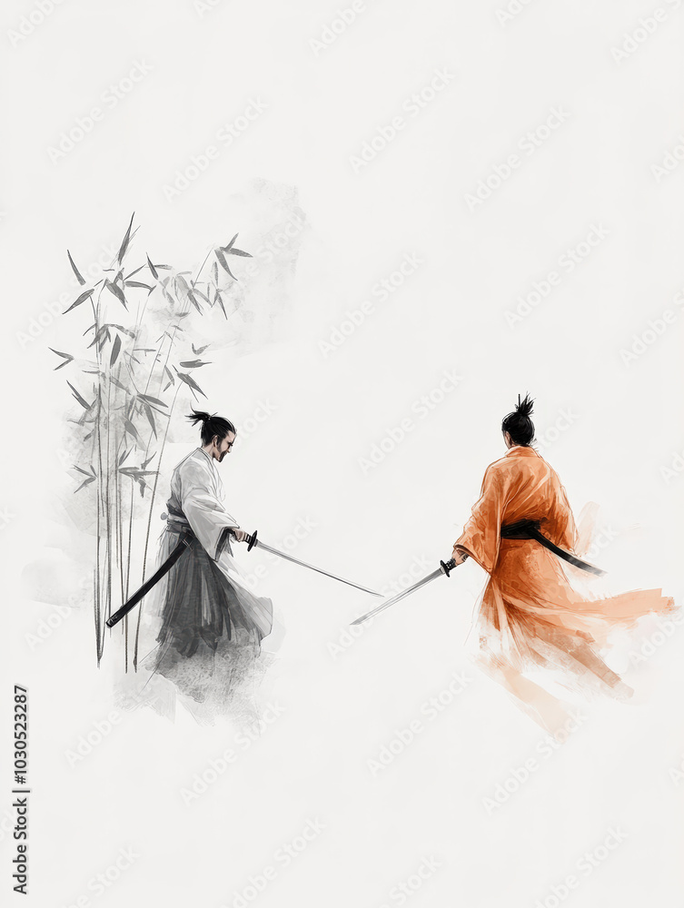 Two rival samurai face off in serene bamboo forest, swords drawn and ...