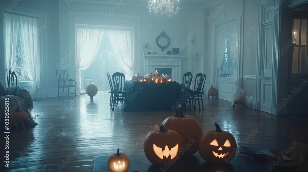 Spooky Halloween dinner party at a haunted American hotel long black ...