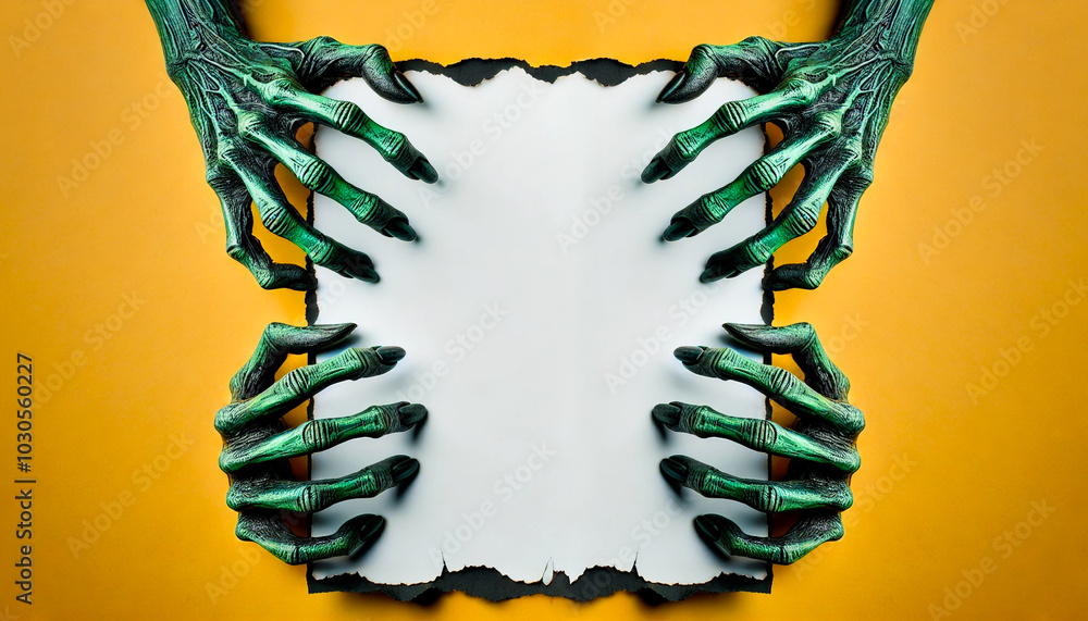 Green monster hands grabbing torn paper against yellow background ...