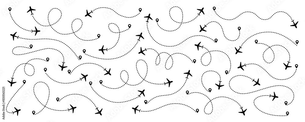 Set of airplane routes in dashed line trace. Plane route lines of ...