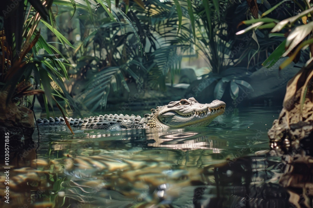 Siamese crocodile swimming in jungle rainforest vegetation alligator ...