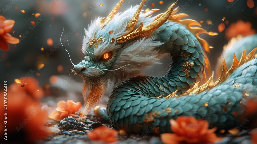 emerald green dragon, with red camellia flowers in the background, a ...