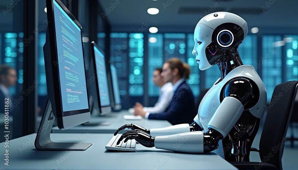 Robots with artificial intelligence operating computers in a ...