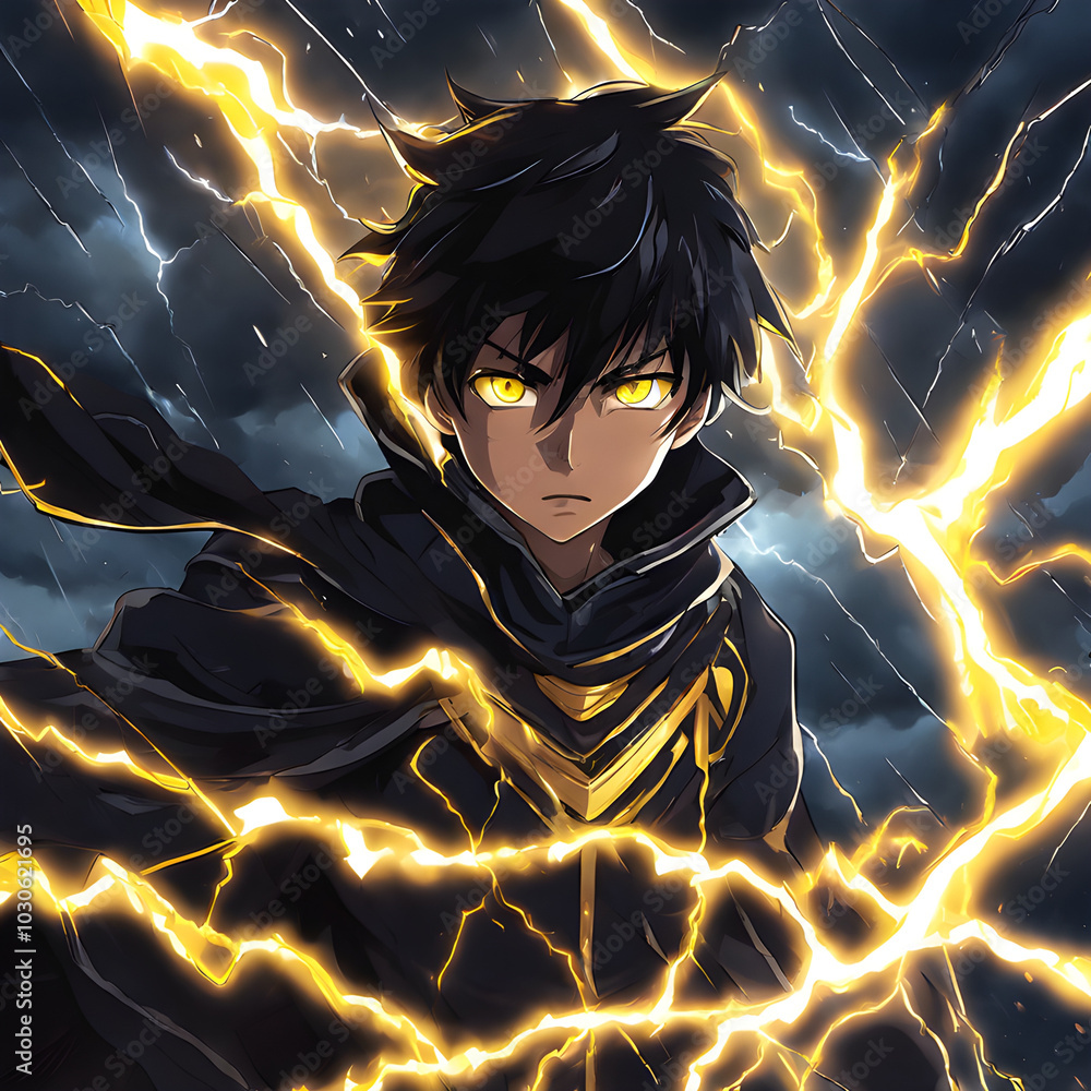 Ilustração A young boy in a lightning ghost costume, a close-up of his ...