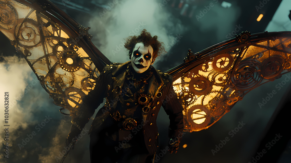 Generative AI, Dark Fantasy: Clown with Brass Wings on a Rooftop Stock ...