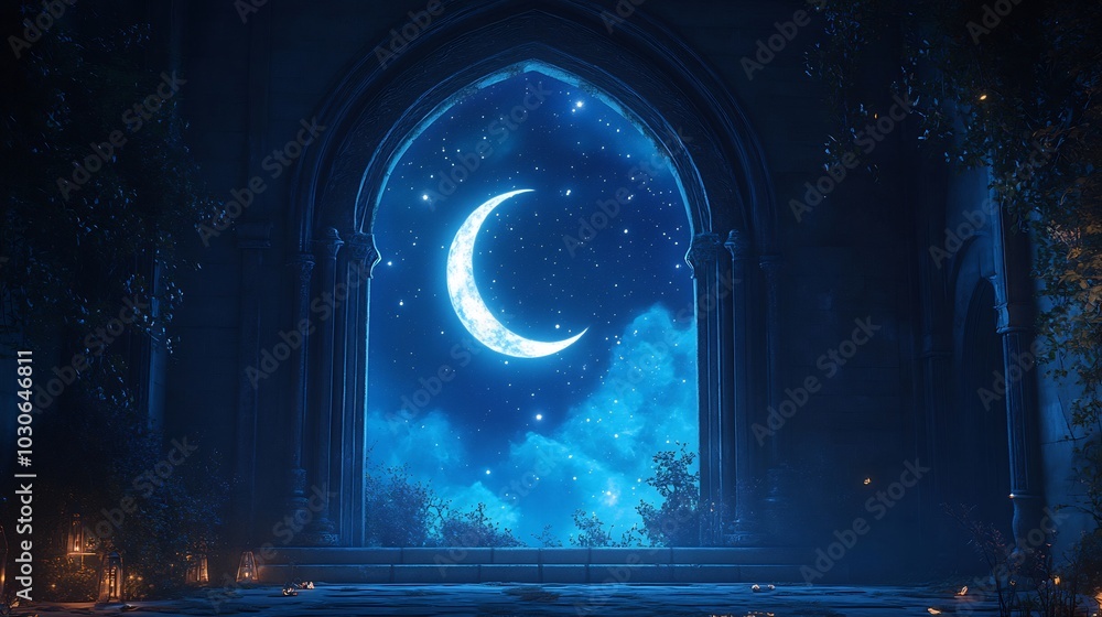 Mystical arched window framing a crescent moon in a deep blue night sky ...