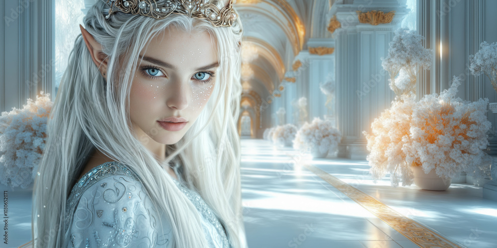 An elven princess with white platinum hair and a crown on her head ...