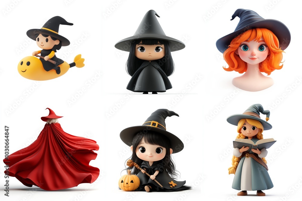 Collection of adorable 3D rendered characters dressed as witches ...
