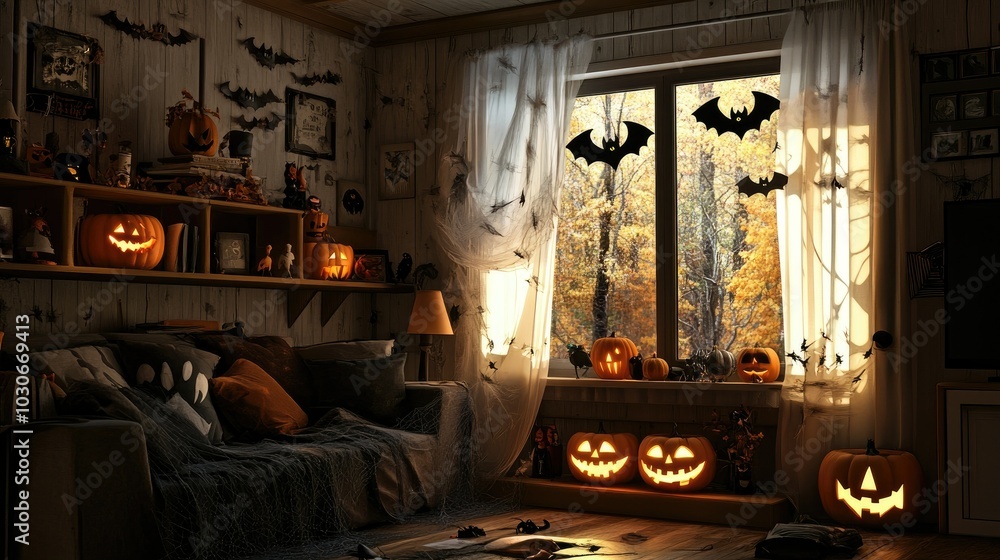 Halloween-themed living room with jack-o'-lanterns glowing on the ...