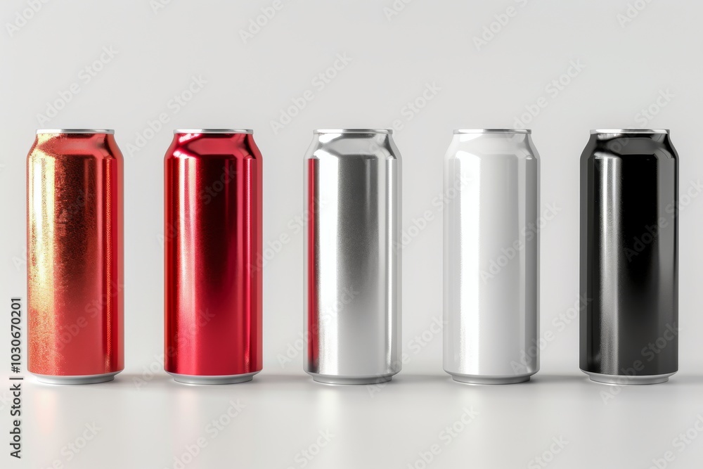 3D render of aluminum slim cans in silver, white, black, and red, on an ...