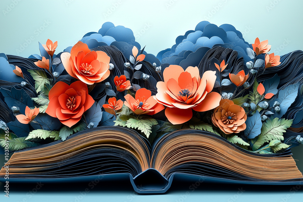 Open book, colorful bright shapes, multi-dimensional layered paper ...