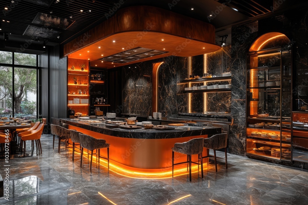Modern restaurant kitchen interior design with orange led lighting ...
