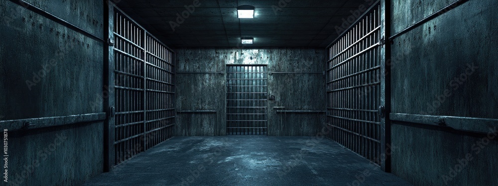 Empty prison cell. Steel prison bars. Abandoned jail entrance. Concrete ...