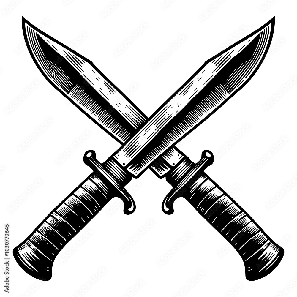 crossed Machete hunting knives, evoking a vintage engraving style ...