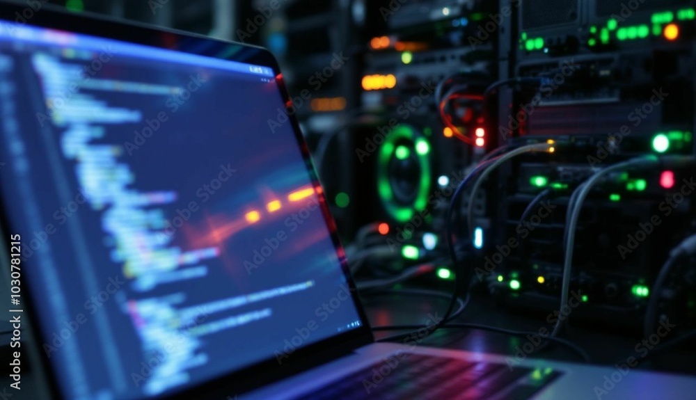 The image shows a tech-focused workspace, featuring an open laptop ...