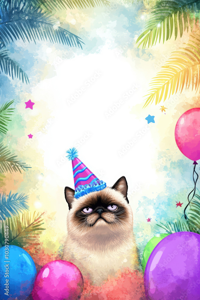 Cute Cartoon Frame Design with a Colorful Grumpy Cat Meme Wearing a ...