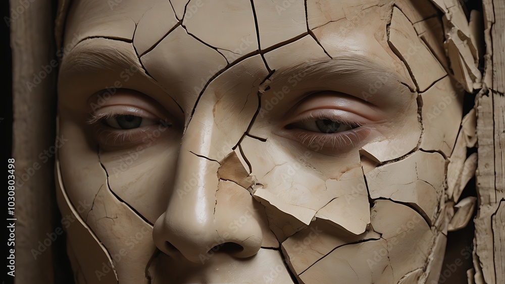 A human face with a cracked mask, symbolizing the hidden fractures ...
