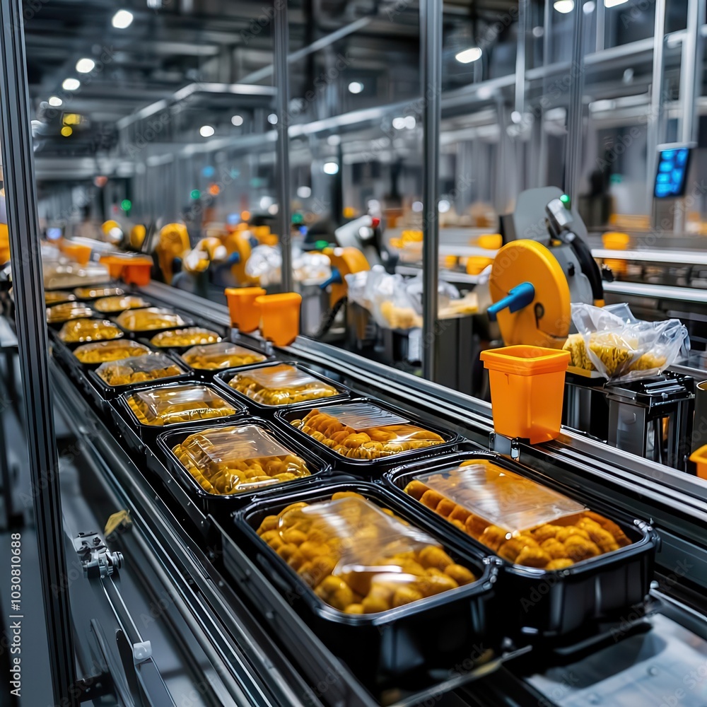 An automated food processing line displays neatly arranged packaged ...