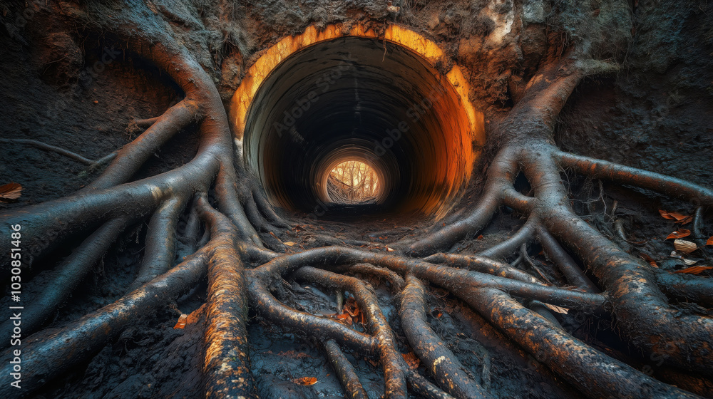Thick tree roots obstructing drainage pipe create striking visual Stock ...