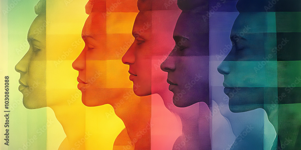 Five faces are shown in profile, each with a rainbow-colored overlay ...
