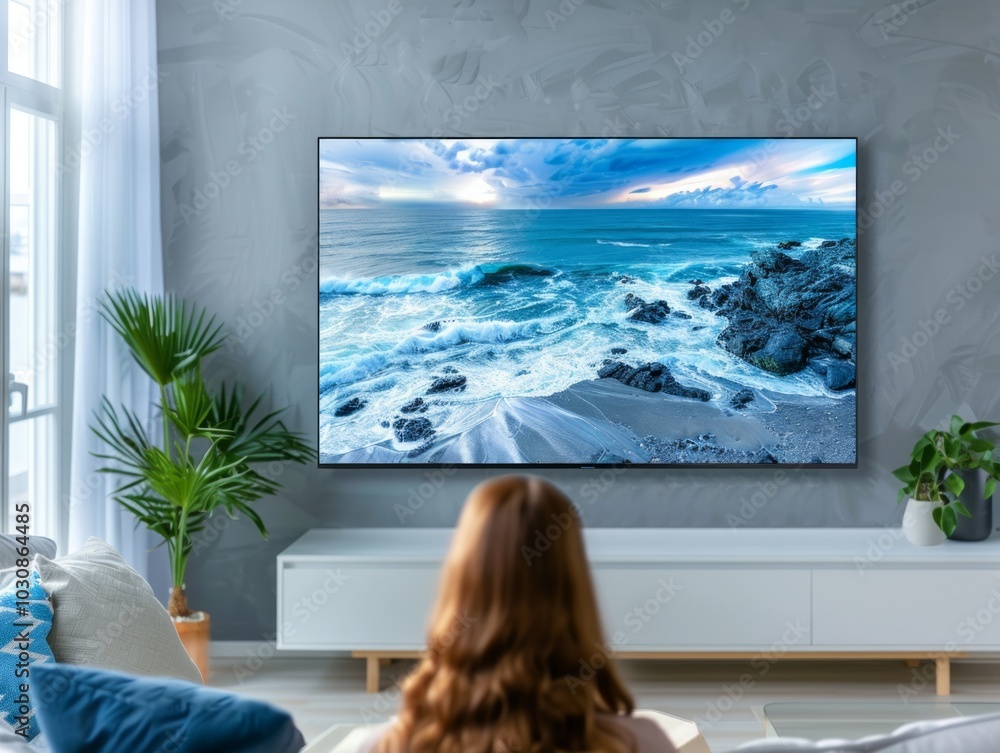 Relaxing in a modern living room while watching ocean waves crash ...