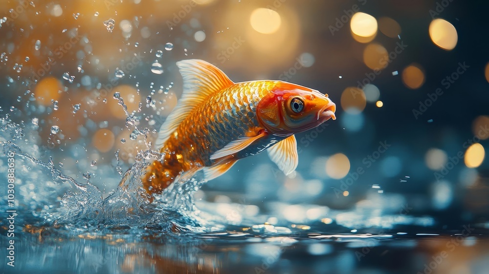 Koi fish leaping from pond in rich color spectrum, splashing water ...