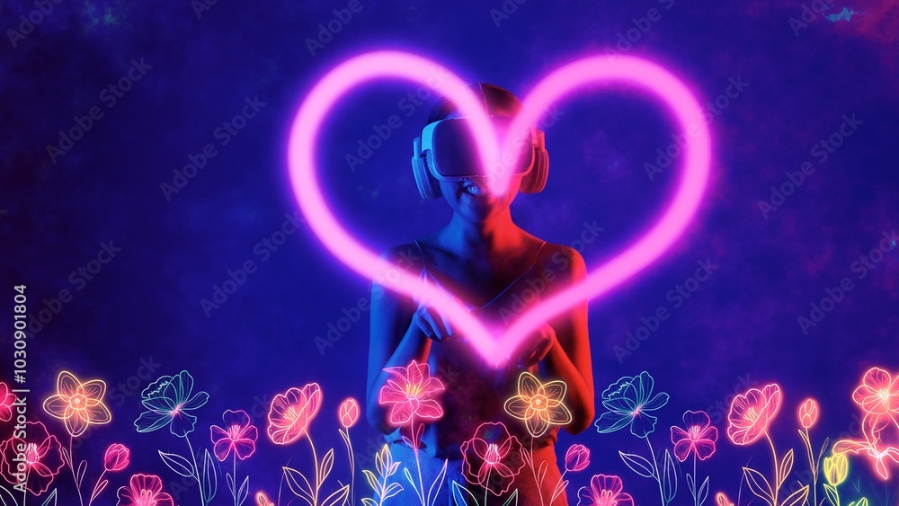 Beautiful Asian woman in VR to metaverse interacting virtual neon ...