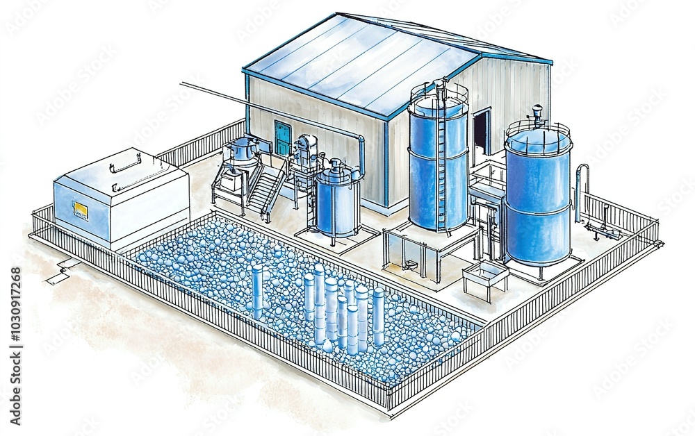 Overview of a water treatment facility with tanks, processing equipment ...