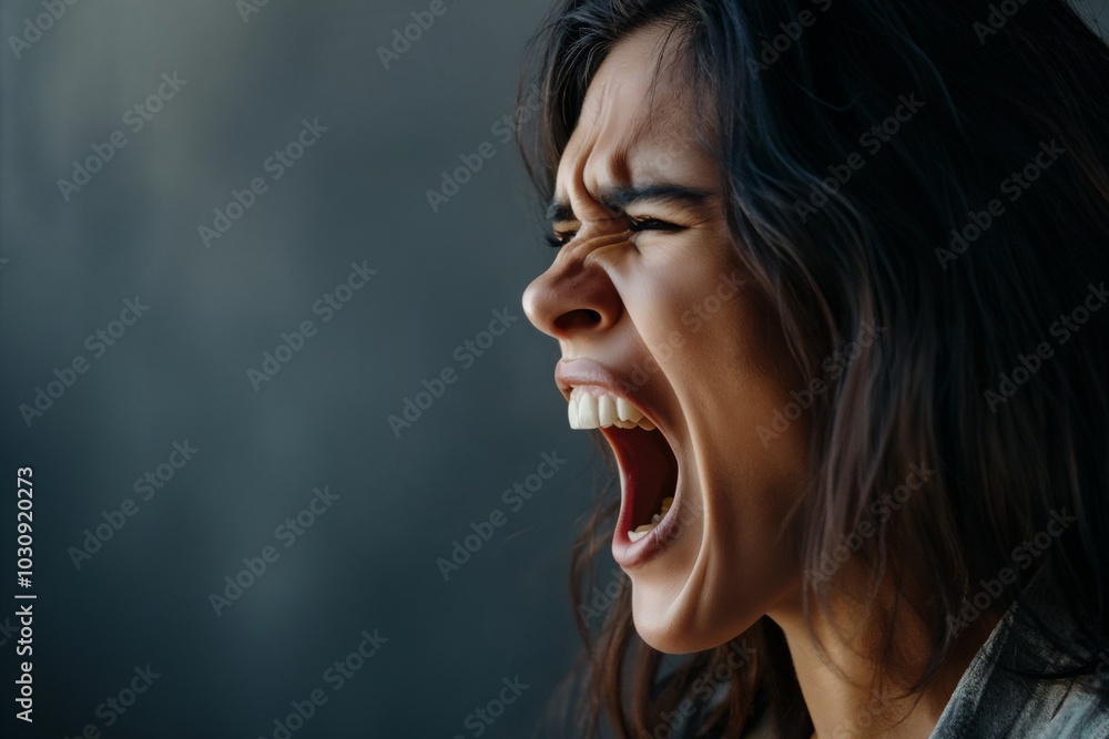 Angry young adult Latin American woman yelling very emotional ...