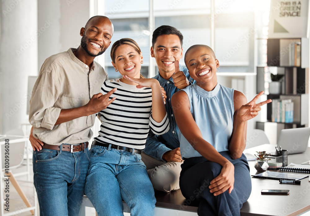 Business people, portrait and team with emoji in office, hug and ...